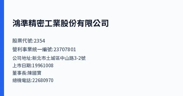 鴻準精密工業股份有限公司 股票代號 2354 統編 23707801 上市公司基本資料圖