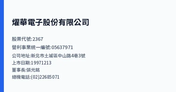 燿華電子股份有限公司 股票代號 2367 統編 05637971 上市公司基本資料圖