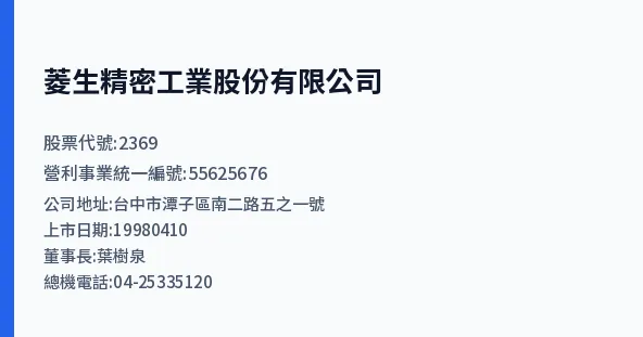 菱生精密工業股份有限公司 股票代號 2369 統編 55625676 上市公司基本資料圖
