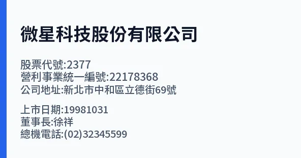 微星科技股份有限公司 股票代號 2377 統編 22178368 上市公司基本資料圖