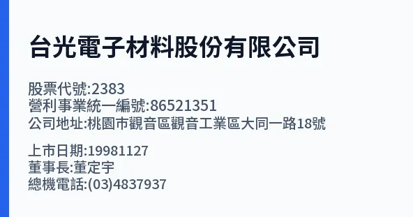 台光電子材料股份有限公司 股票代號 2383 統編 86521351 上市公司基本資料圖