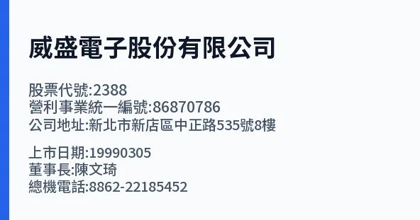 威盛電子股份有限公司 股票代號 2388 統編 86870786 上市公司基本資料圖