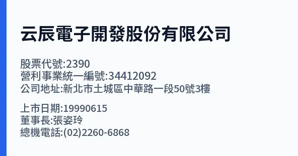 云辰電子開發股份有限公司 股票代號 2390 統編 34412092 上市公司基本資料圖