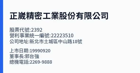 正崴精密工業股份有限公司 股票代號 2392 統編 22223510 上市公司基本資料圖