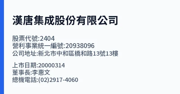漢唐集成股份有限公司 股票代號 2404 統編 20938096 上市公司基本資料圖