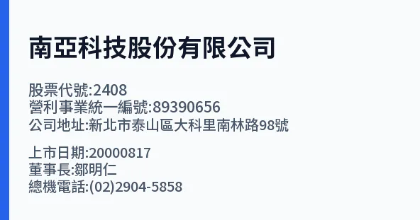 南亞科技股份有限公司 股票代號 2408 統編 89390656 上市公司基本資料圖