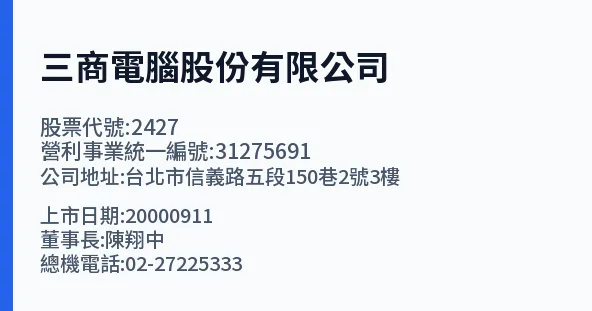 三商電腦股份有限公司 股票代號 2427 統編 31275691 上市公司基本資料圖