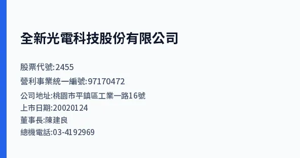 全新光電科技股份有限公司 股票代號 2455 統編 97170472 上市公司基本資料圖