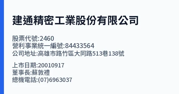建通精密工業股份有限公司 股票代號 2460 統編 84433564 上市公司基本資料圖