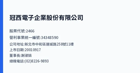 冠西電子企業股份有限公司 股票代號 2466 統編 34348590 上市公司基本資料圖
