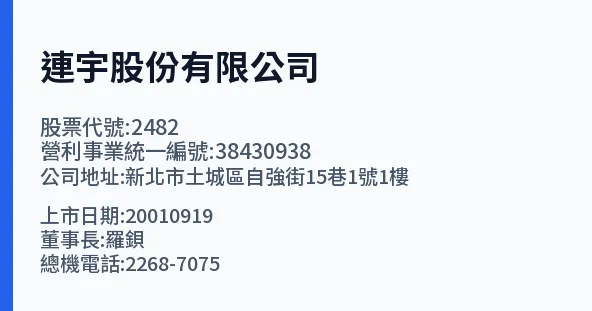 連宇股份有限公司 股票代號 2482 統編 38430938 上市公司基本資料圖