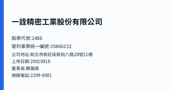 一詮精密工業股份有限公司 股票代號 2486 統編 35866232 上市公司基本資料圖