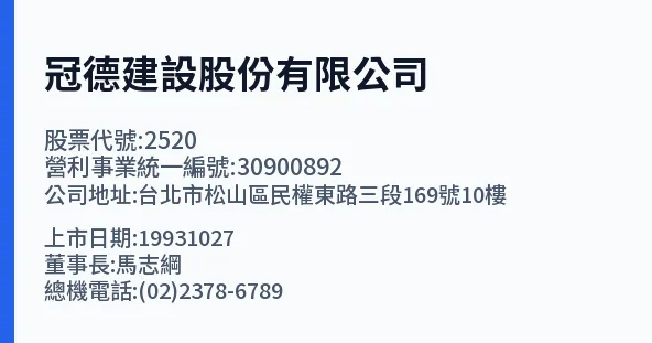 冠德建設股份有限公司 股票代號 2520 統編 30900892 上市公司基本資料圖