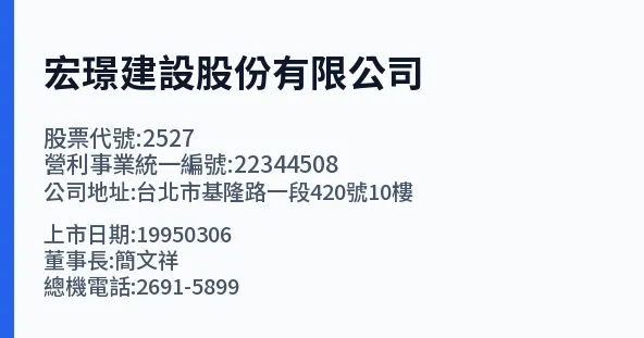 宏璟建設股份有限公司 股票代號 2527 統編 22344508 上市公司基本資料圖