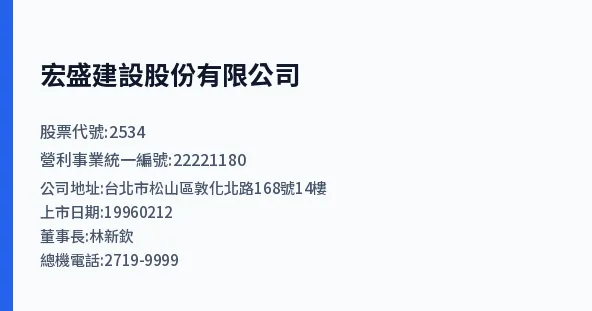宏盛建設股份有限公司 股票代號 2534 統編 22221180 上市公司基本資料圖