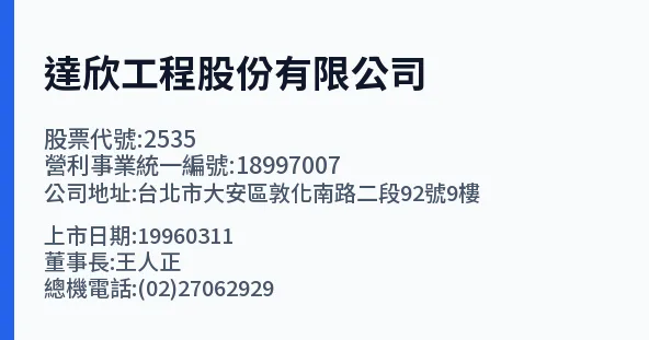 達欣工程股份有限公司 股票代號 2535 統編 18997007 上市公司基本資料圖