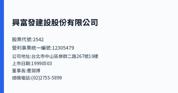興富發建設股份有限公司 股票代號 2542 統編 12305479 上市公司基本資料圖