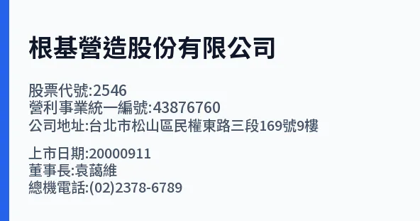 根基營造股份有限公司 股票代號 2546 統編 43876760 上市公司基本資料圖