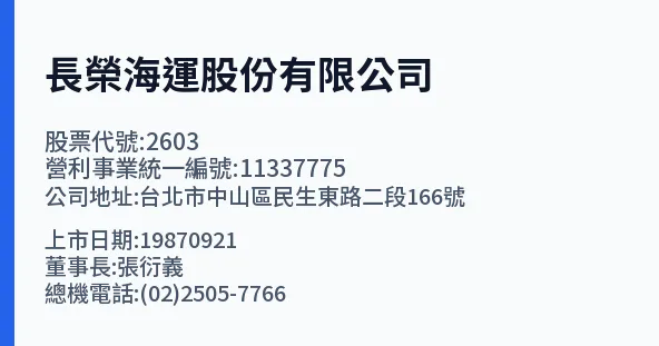 長榮海運股份有限公司 股票代號 2603 統編 11337775 上市公司基本資料圖