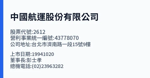中國航運股份有限公司 股票代號 2612 統編 43778070 上市公司基本資料圖