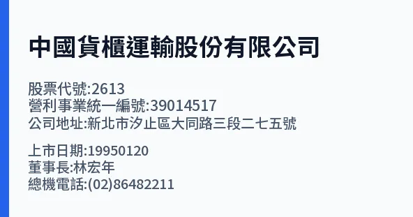 中國貨櫃運輸股份有限公司 股票代號 2613 統編 39014517 上市公司基本資料圖
