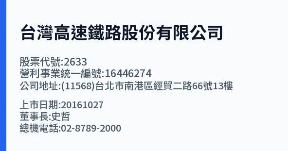 台灣高速鐵路股份有限公司 股票代號 2633 統編 16446274 上市公司基本資料圖
