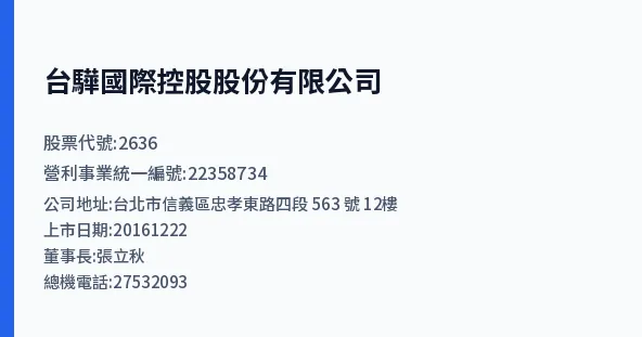 台驊國際控股股份有限公司 股票代號 2636 統編 22358734 上市公司基本資料圖