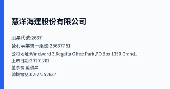 慧洋海運股份有限公司 股票代號 2637 統編 25637751 上市公司基本資料圖
