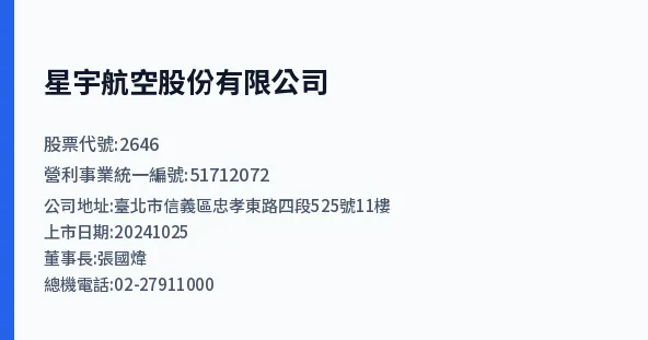 星宇航空股份有限公司 股票代號 2646 統編 51712072 上市公司基本資料圖