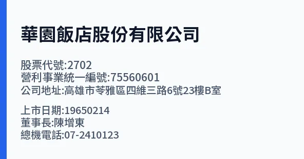 華園飯店股份有限公司 股票代號 2702 統編 75560601 上市公司基本資料圖