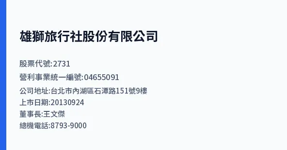 雄獅旅行社股份有限公司 股票代號 2731 統編 04655091 上市公司基本資料圖