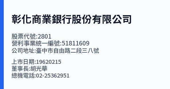 彰化商業銀行股份有限公司 股票代號 2801 統編 51811609 上市公司基本資料圖