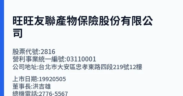 旺旺友聯產物保險股份有限公司 股票代號 2816 統編 03110001 上市公司基本資料圖