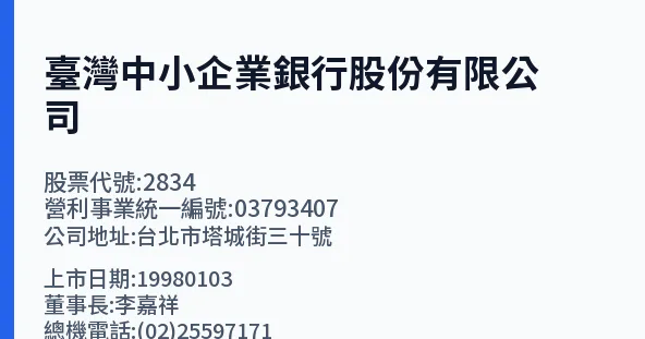 臺灣中小企業銀行股份有限公司 股票代號 2834 統編 03793407 上市公司基本資料圖