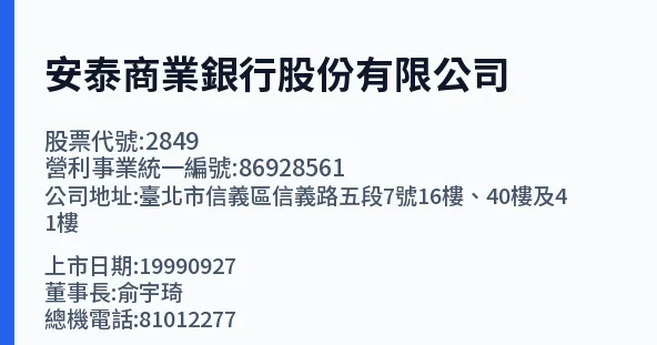 安泰商業銀行股份有限公司 股票代號 2849 統編 86928561 上市公司基本資料圖