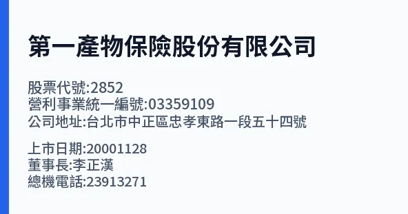 第一產物保險股份有限公司 股票代號 2852 統編 03359109 上市公司基本資料圖