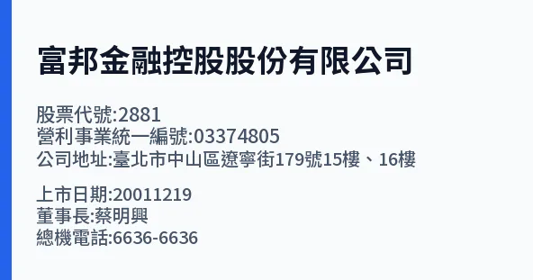富邦金融控股股份有限公司 股票代號 2881 統編 03374805 上市公司基本資料圖