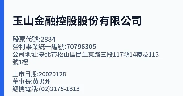 玉山金融控股股份有限公司 股票代號 2884 統編 70796305 上市公司基本資料圖