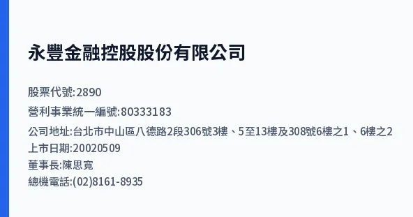 永豐金融控股股份有限公司 股票代號 2890 統編 80333183 上市公司基本資料圖