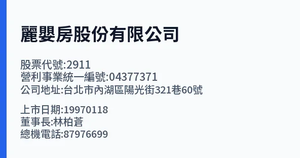 麗嬰房股份有限公司 股票代號 2911 統編 04377371 上市公司基本資料圖