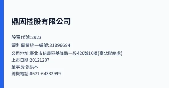 鼎固控股有限公司 股票代號 2923 統編 31896684 上市公司基本資料圖