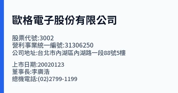 歐格電子股份有限公司 股票代號 3002 統編 31306250 上市公司基本資料圖