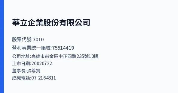 華立企業股份有限公司 股票代號 3010 統編 75514419 上市公司基本資料圖