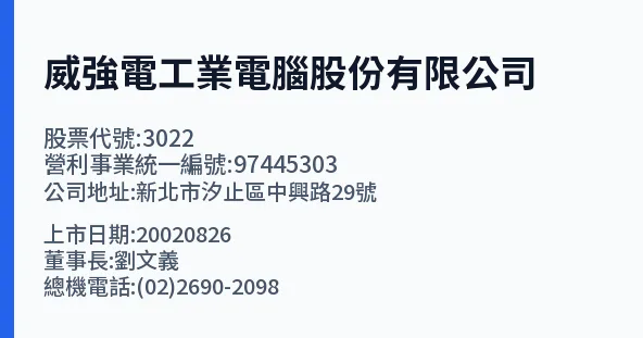 威強電工業電腦股份有限公司 股票代號 3022 統編 97445303 上市公司基本資料圖