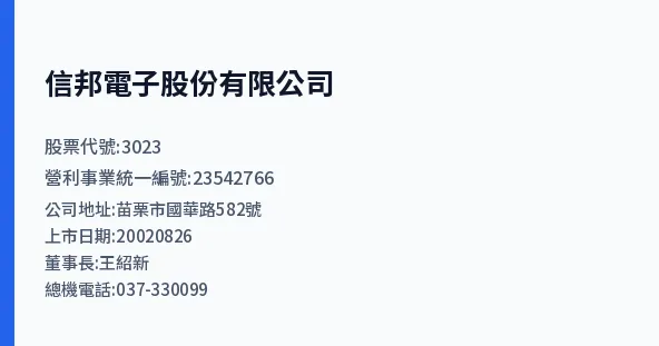 信邦電子股份有限公司 股票代號 3023 統編 23542766 上市公司基本資料圖