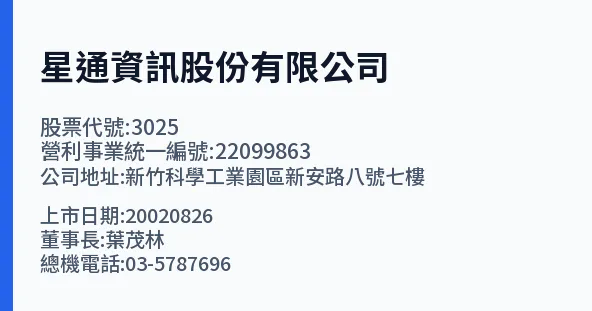 星通資訊股份有限公司 股票代號 3025 統編 22099863 上市公司基本資料圖