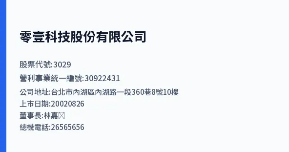 零壹科技股份有限公司 股票代號 3029 統編 30922431 上市公司基本資料圖