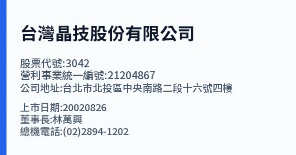 台灣晶技股份有限公司 股票代號 3042 統編 21204867 上市公司基本資料圖