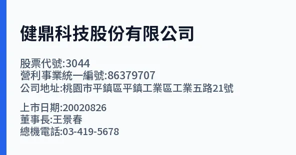 健鼎科技股份有限公司 股票代號 3044 統編 86379707 上市公司基本資料圖