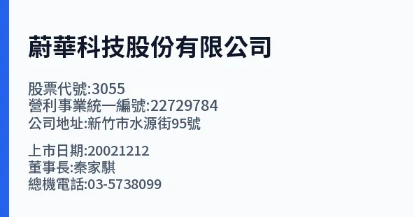 蔚華科技股份有限公司 股票代號 3055 統編 22729784 上市公司基本資料圖